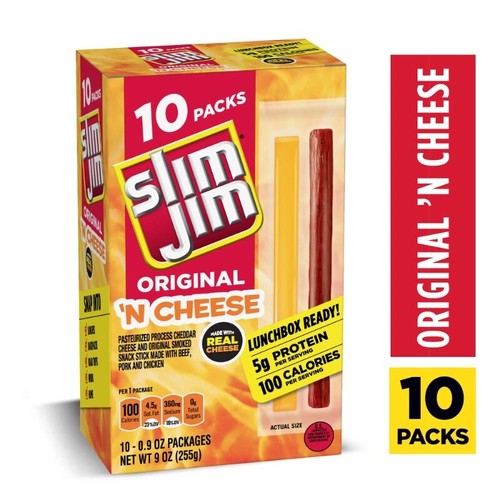 New Slim Jim Original 'N Cheese Smoked Meat Snacks, 0.9 oz, 10 Count ...
