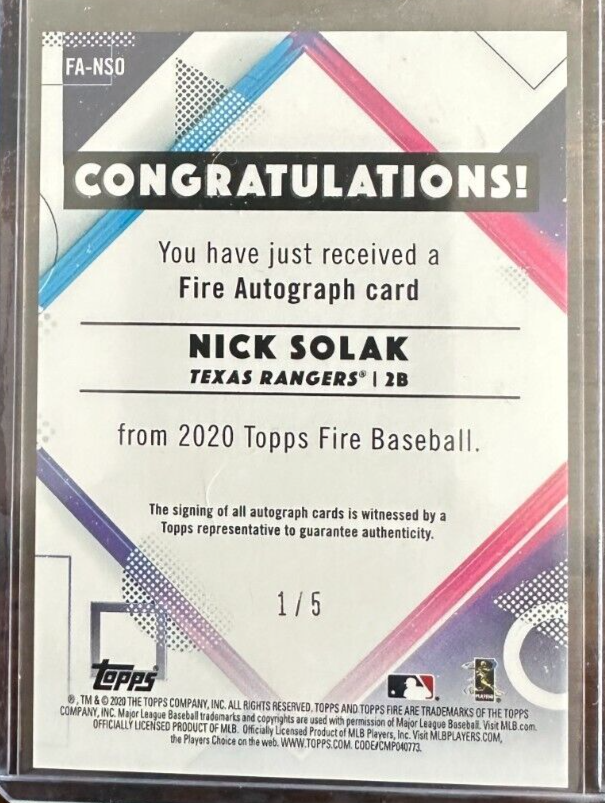 2020 Topps Fire Nick Solak Blue Auto /5 RC FA-NSO Rangers Mariners | eBay