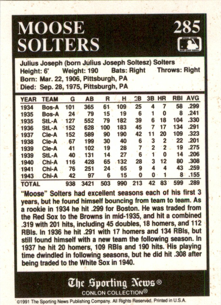 1991 CONLON COLLECTION TSN - #285 MOOSE SOLTERS ST. LOUIS BROWNS | eBay