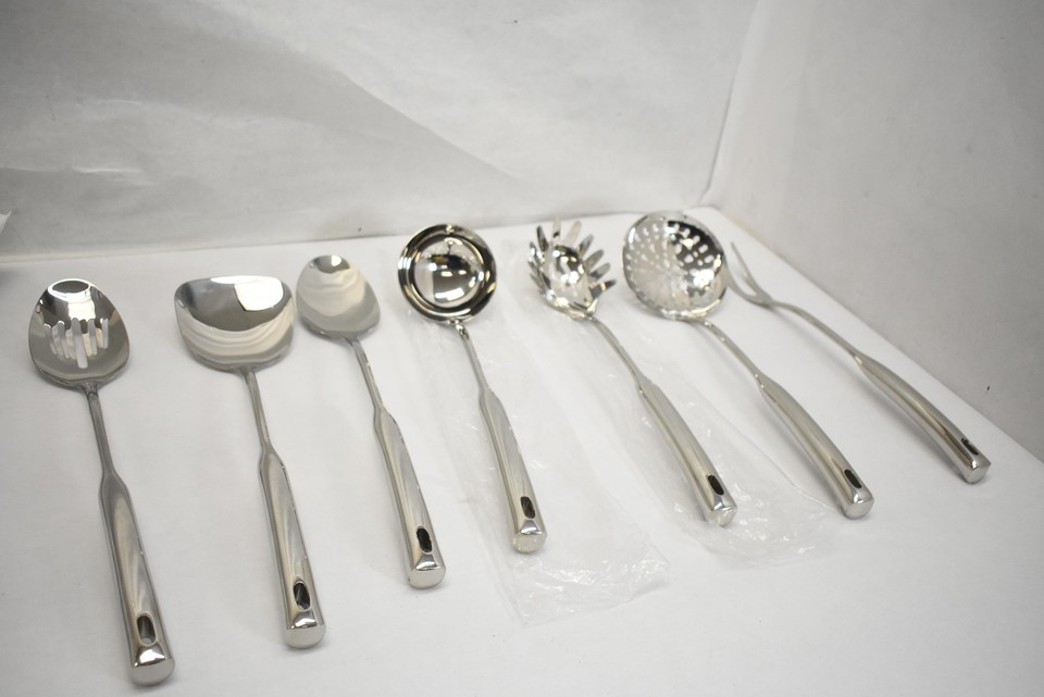 Stainless Steel Kitchen Serving Utensil Set 7 Piece Ladle Slotted Spoon ...