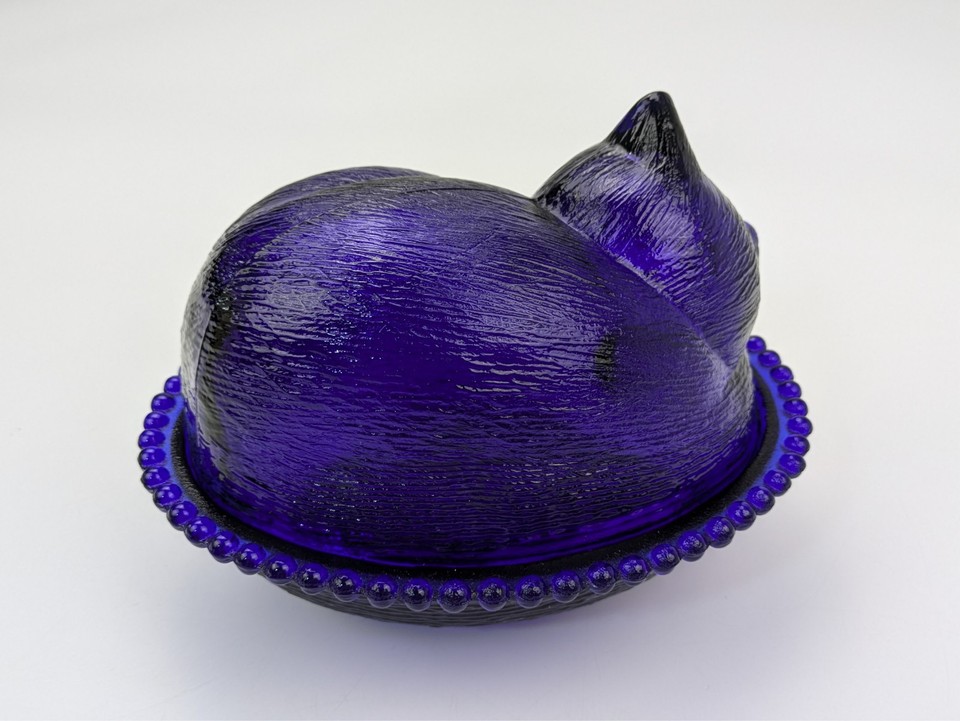 VTG Indiana Glass Cat On Nest Cobalt Blue Candy Dish & Lid Napping ...