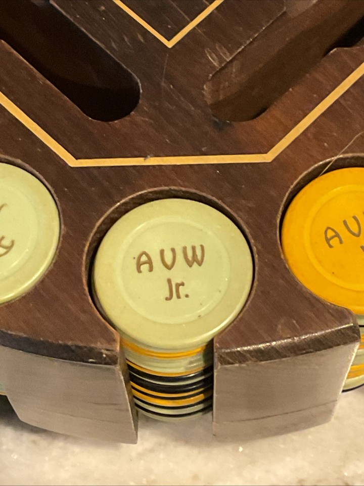 Antique Bakelite Poker Chips Wood Carousel 384 Chips 2 Decks Of Cards ...