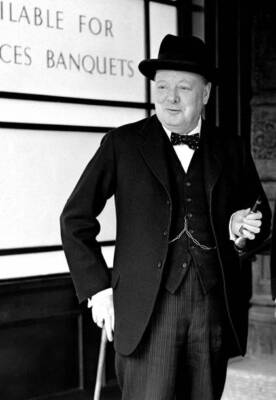 British politician Winston Churchill wearing suit hat Caxton Hall ...