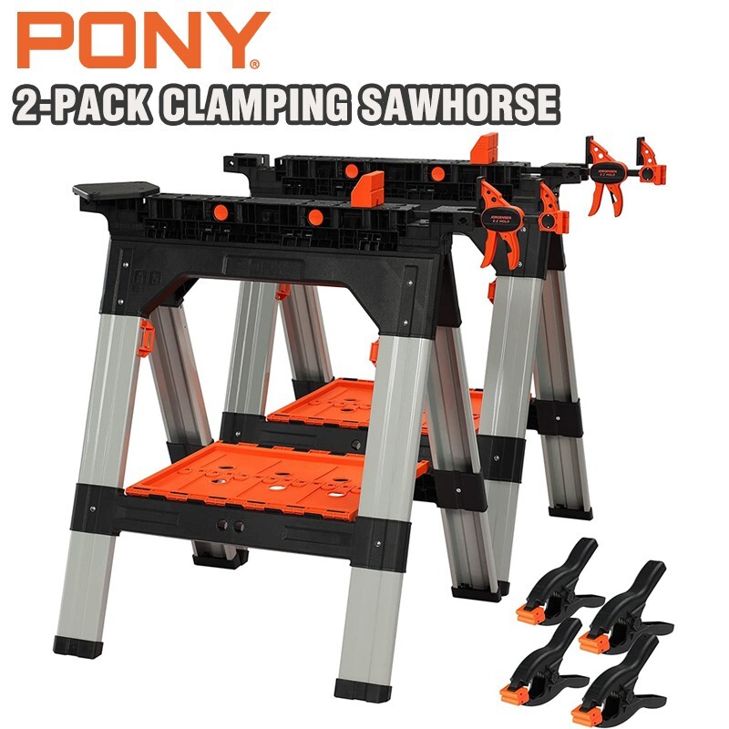 PONY 2-Pack 30-3/4" Clamping Sawhorse Bar Clamp Set Folding Saw Horses ...
