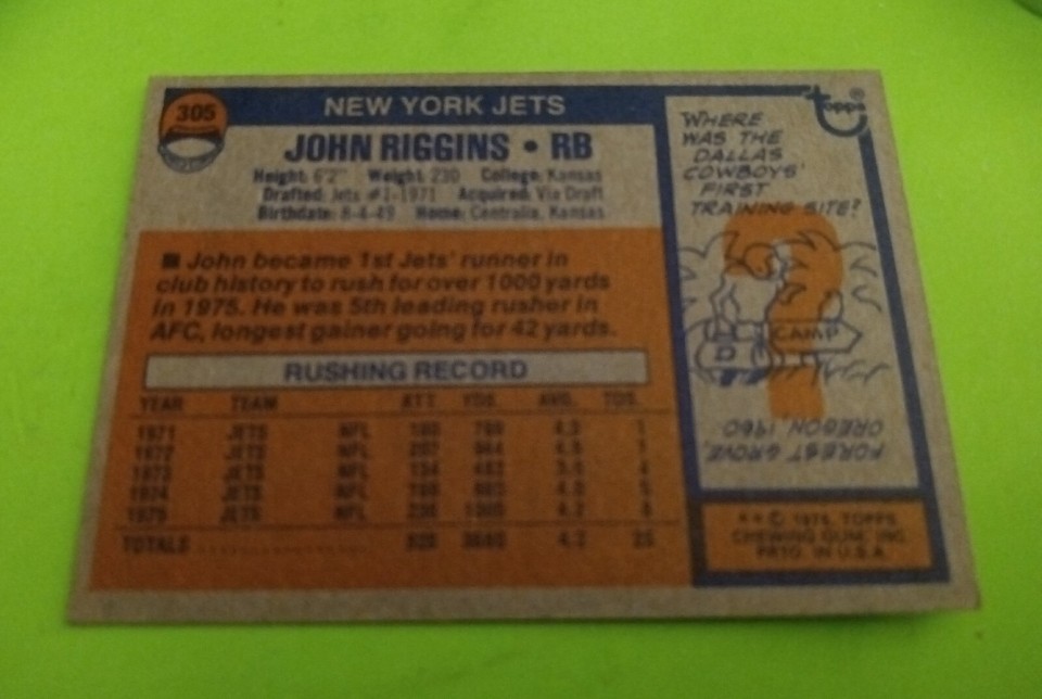 1976 John Riggins Topps NFL Football Card #305 New York Jets HOF NM | eBay