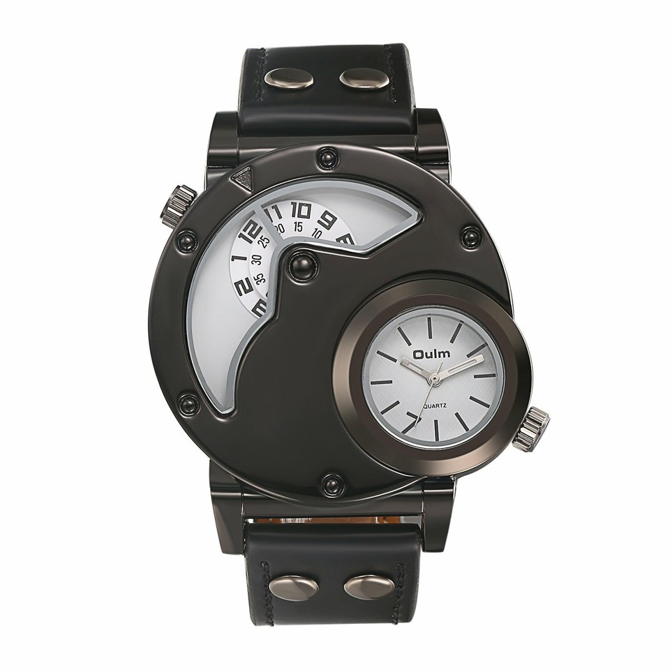 Luxury Mens Watch Big Dial Dual Time Zone Leather Band Analog Quartz ...