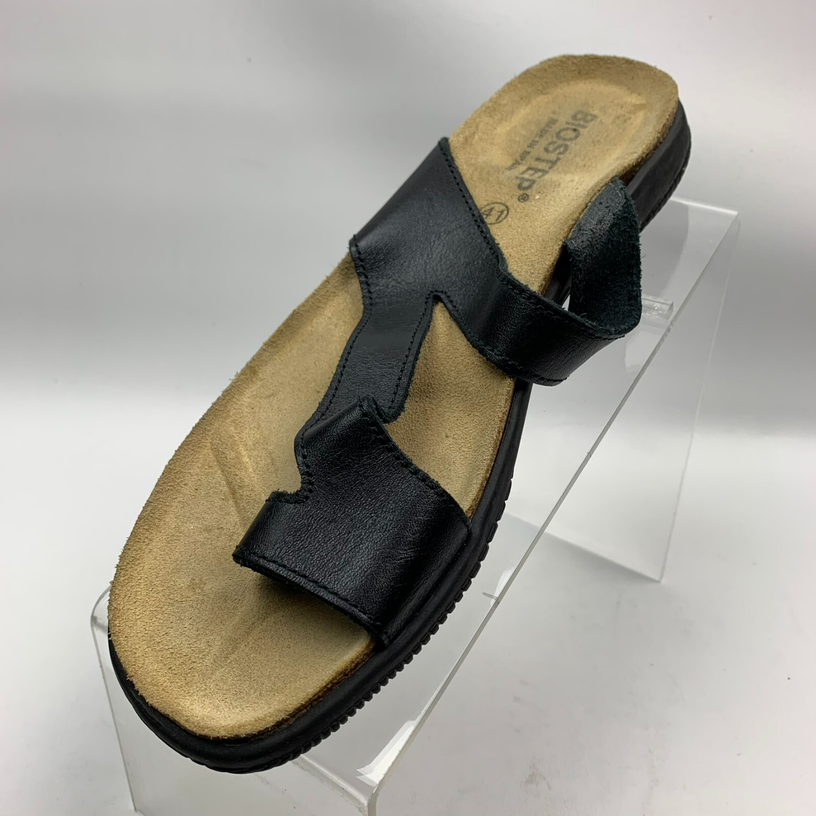 BioStep Sandals Black Leather Toe Loop Slide Flats Si… - Gem