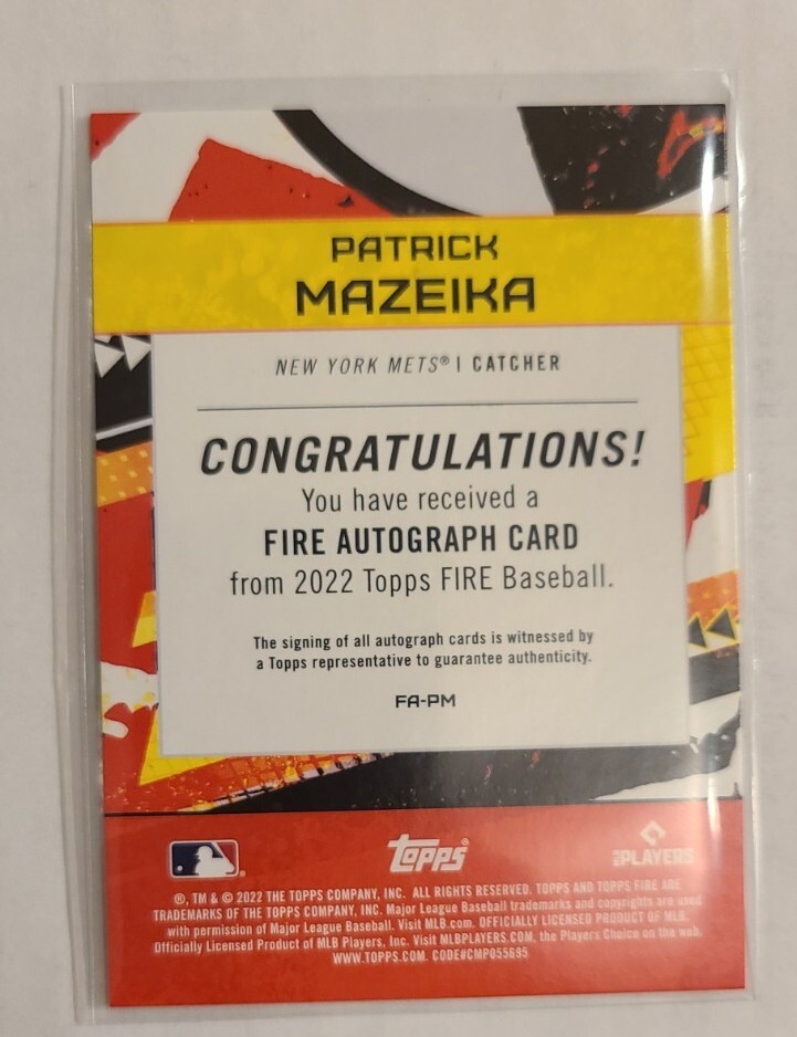 Patrick Mazeika 2022 Topps Fire Autograph FA-PM RC Rookie Auto New York ...
