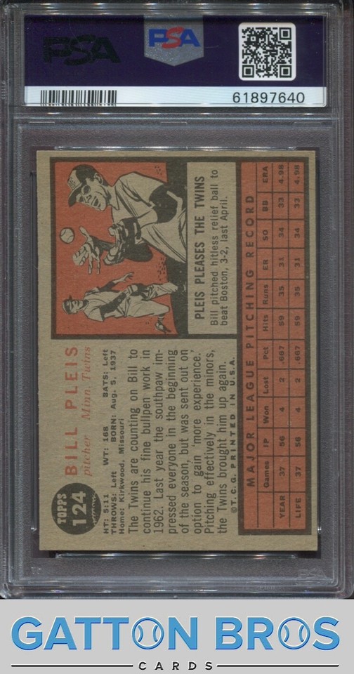 1962 Topps Bill Pleis #124 PSA 5 EX | eBay