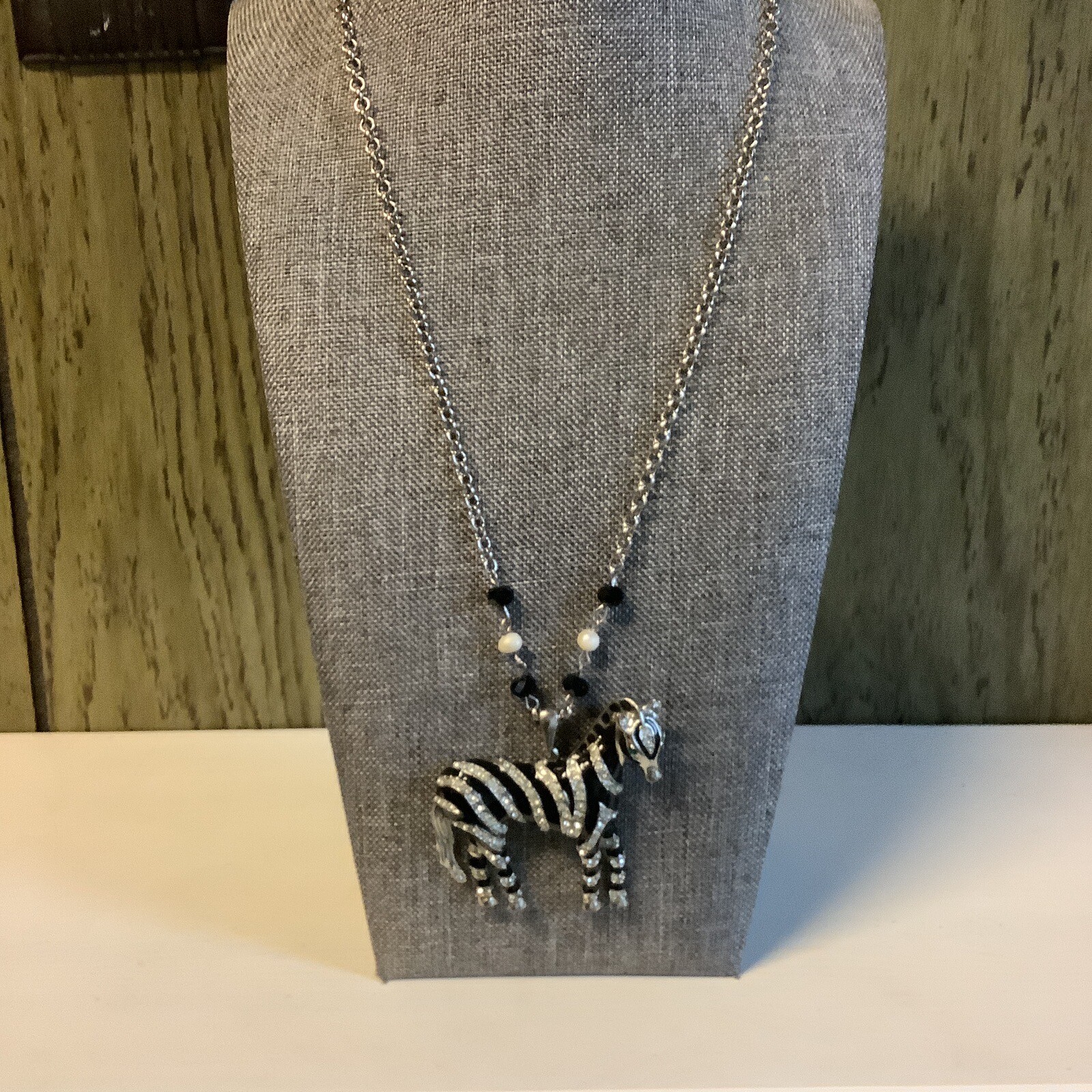 Handmade Black White Silver Tone Chain & Zebra Pedant Green Eyes ...