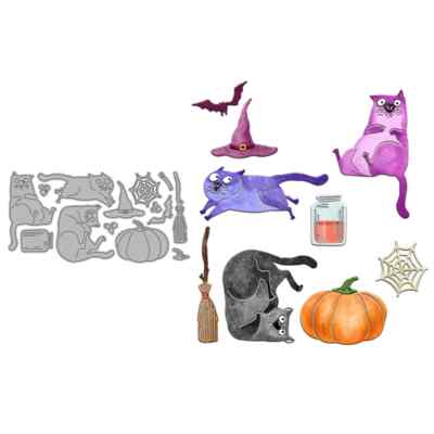 Halloween Silly Cats Broom Witch Hat Pumpkin Bat Metal Cutting Dies ...