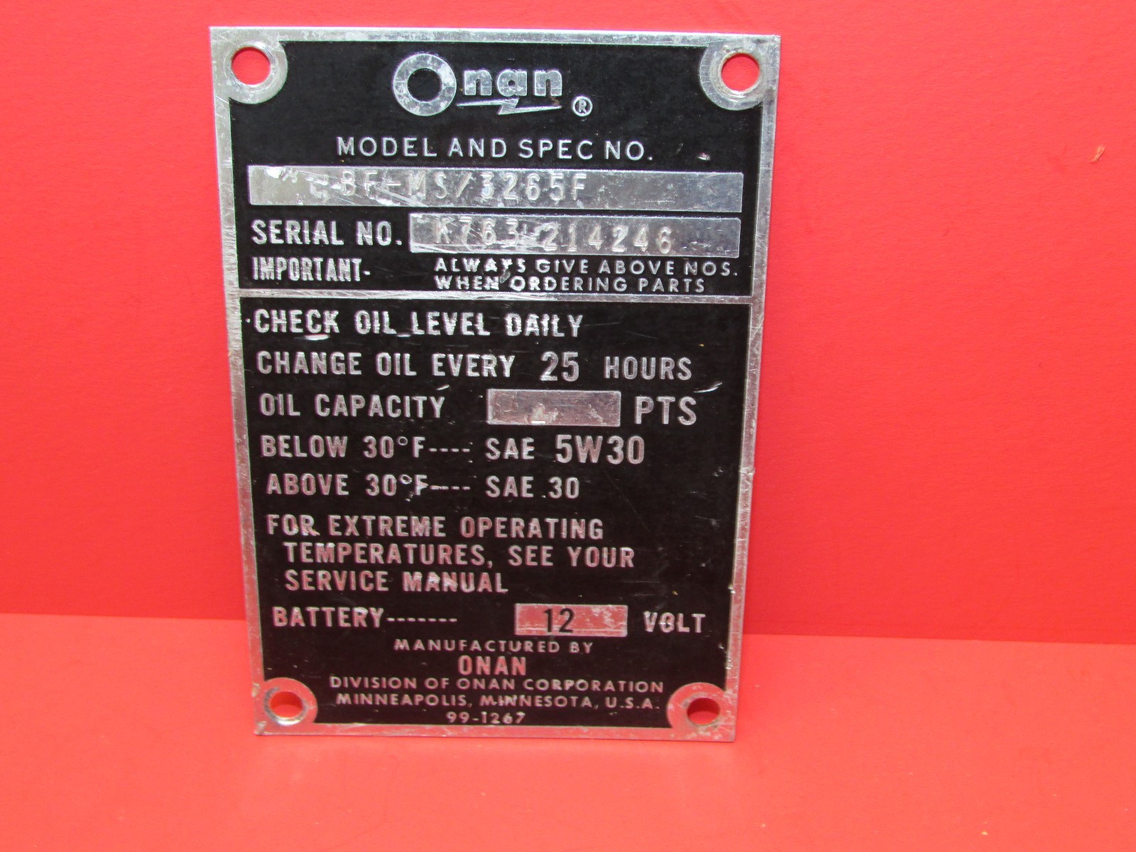 ONAN BF-MS/3265F SERIAL NUMBER IDENTIFICATION PLATE SEARS SS16 | eBay