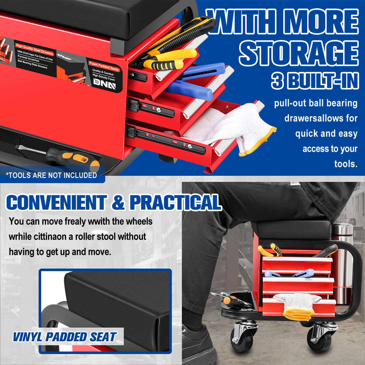 3 Drawer Padded Rolling Mechanic Tool Box Storage Stool Creeper Seat w ...