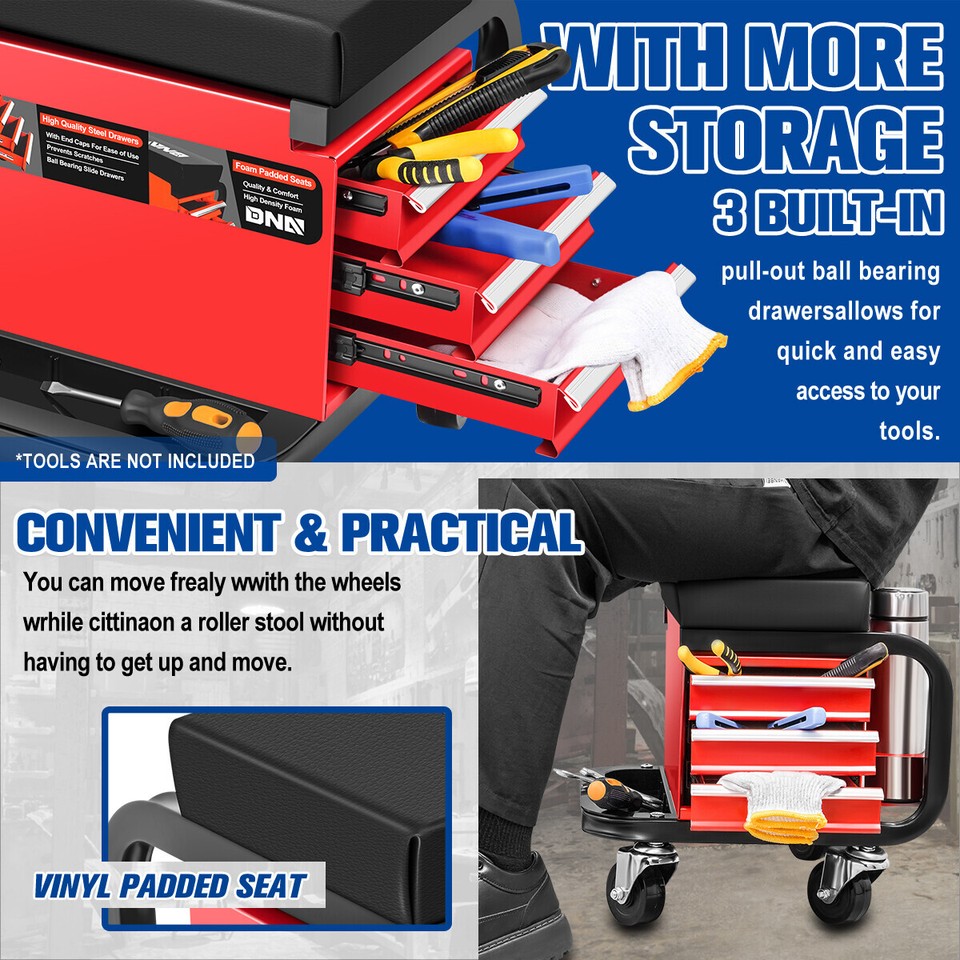 3 Drawer Padded Rolling Mechanic Tool Box Storage Stool Creeper Seat w ...