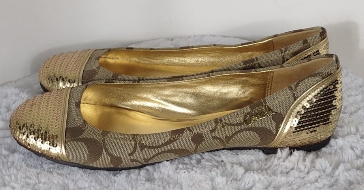 COACH Gold C Pattern SHINE Ballets Flats Shoes Womens… - Gem
