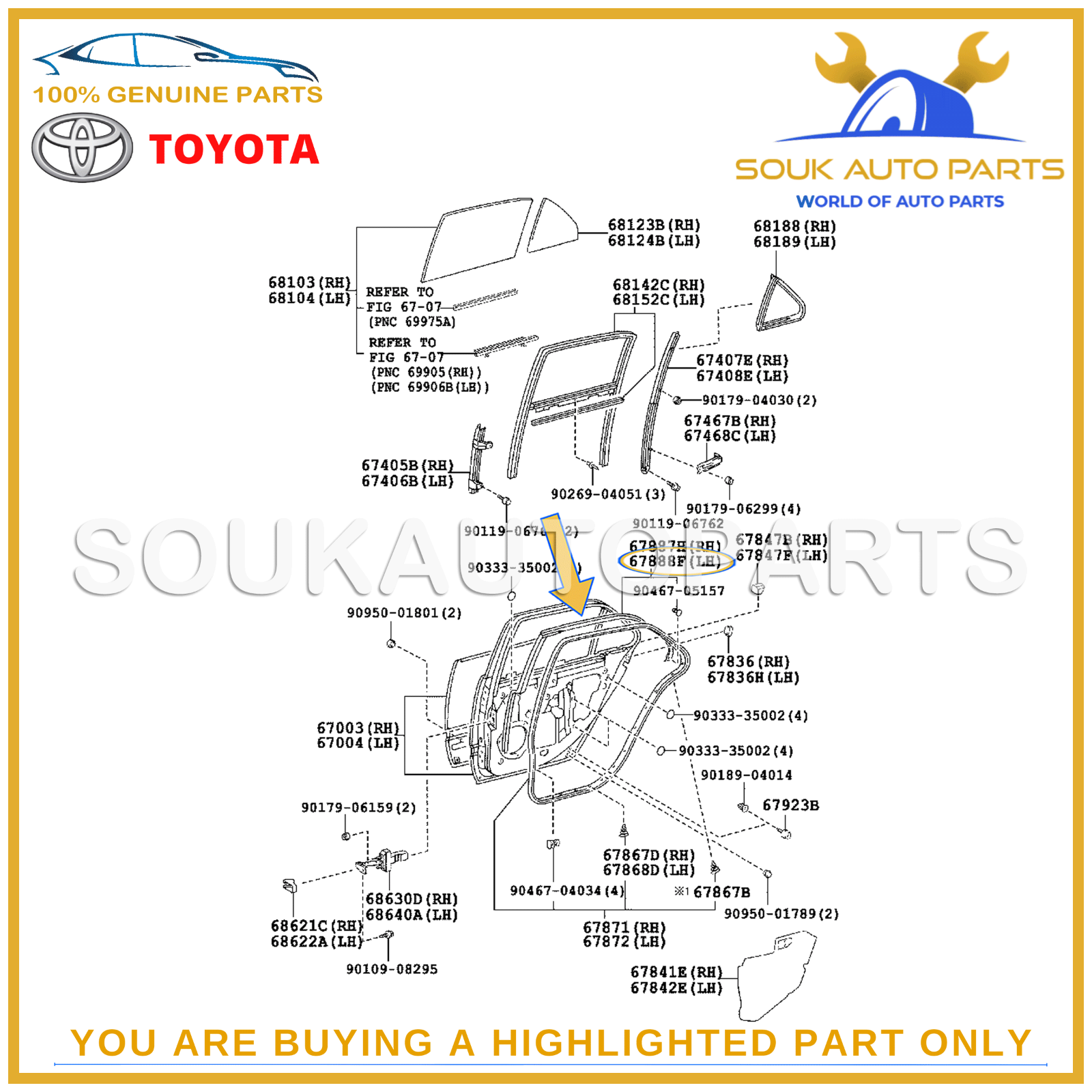 67888-50030 Genuine Toyota REAR DOOR UPPER WEATHER STRIP (LH ...
