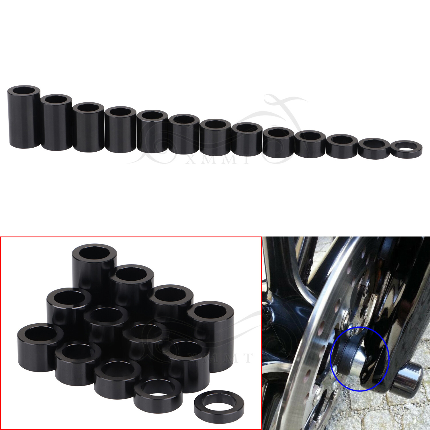 Black Wheel Axle Spacers Kit ID 1" OD 1-1/2" For Harley Dyna Wide Glide ...