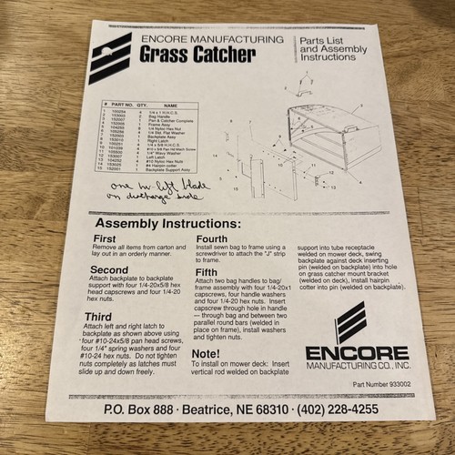 Encore Manufacturing Company Grass Catcher Assembly Information / Parts ...