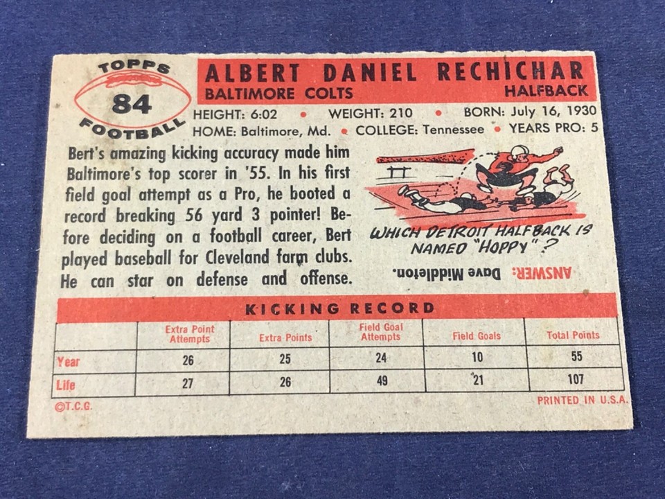 L3-45 FOOTBALL CARD - BERT RECHICHAR BALTIMORE COLTS - CARD #84 - 1956 ...