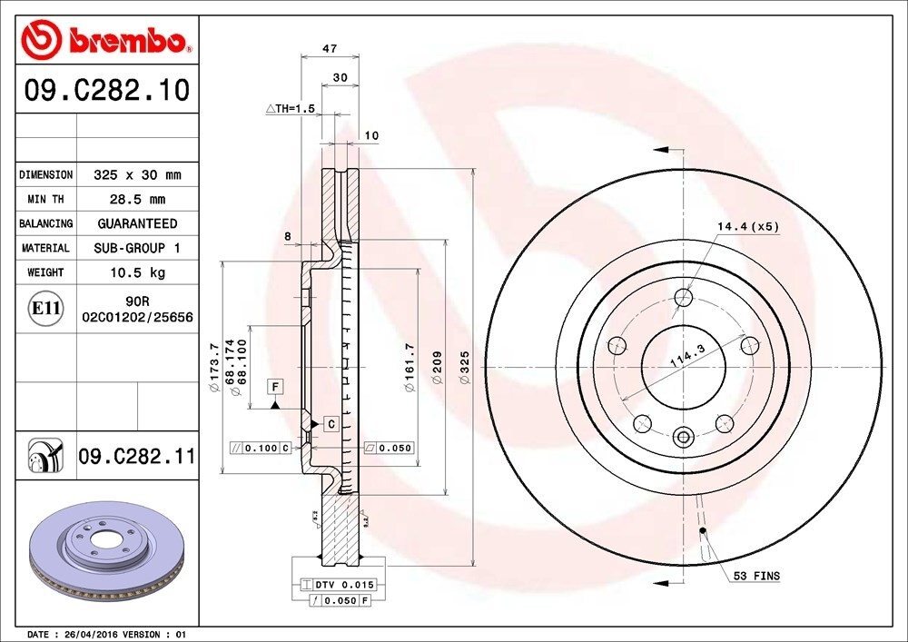 Disc Brake Rotor-Premium UV Coated OE Equivalent Rotor Brembo 09.C282 ...
