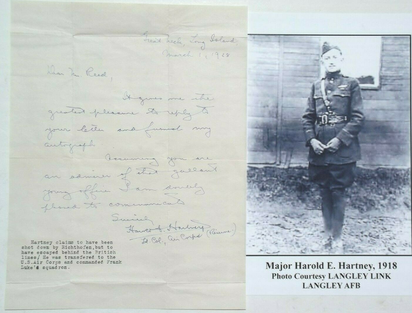 Harold Hartney World War I Ace RAF & 27th Squadron 7 Victories Signed ...