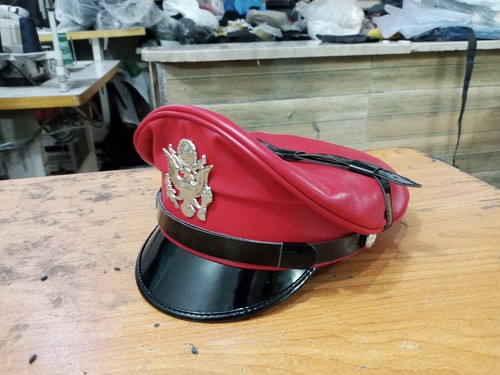 Genuine Real Leather Red Army Muir Biker Peaked Police Gay Bluf Cap Hat ...