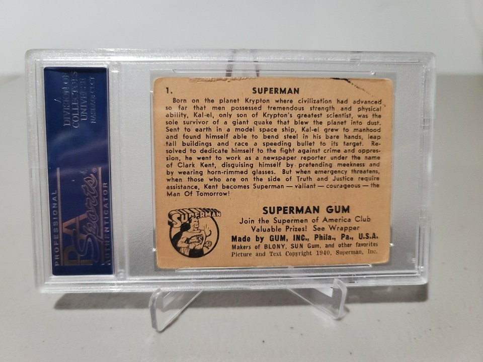 VINTAGE 1940 GUM SUPERMAN #1 CARD PSA 3 (MK) VG FIRST CARD SET RARE RC ...