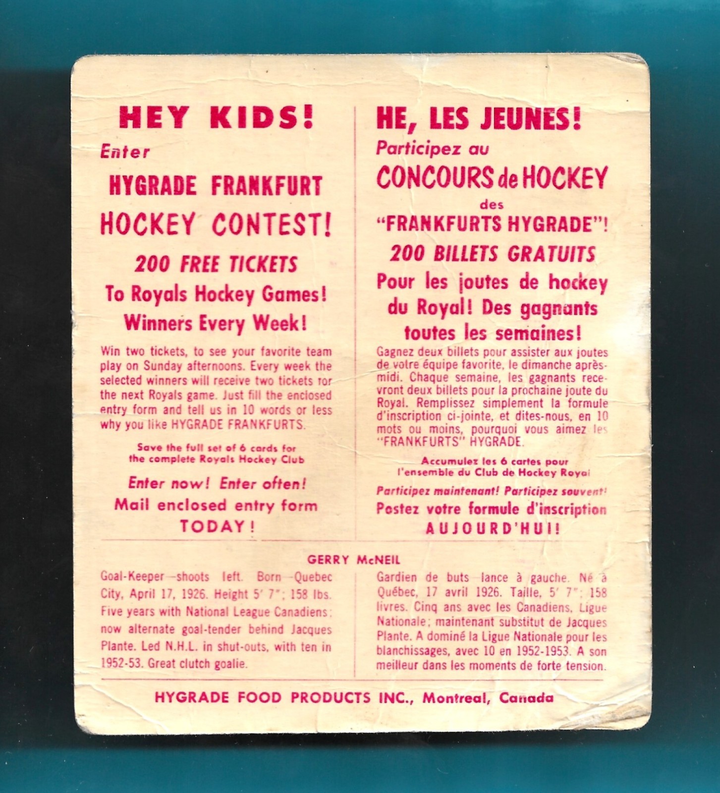 RARE VINTAGE! 1956-57 Hygrade Meats Montreal Royals Gerry McNeil Habs ...