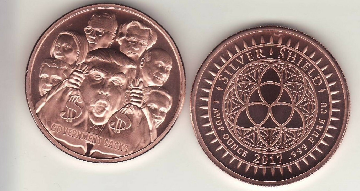 GOVERNMENT SACKS 1 oz. Copper Round MINI MINTAGE #38 Silver Shield 2017 ...