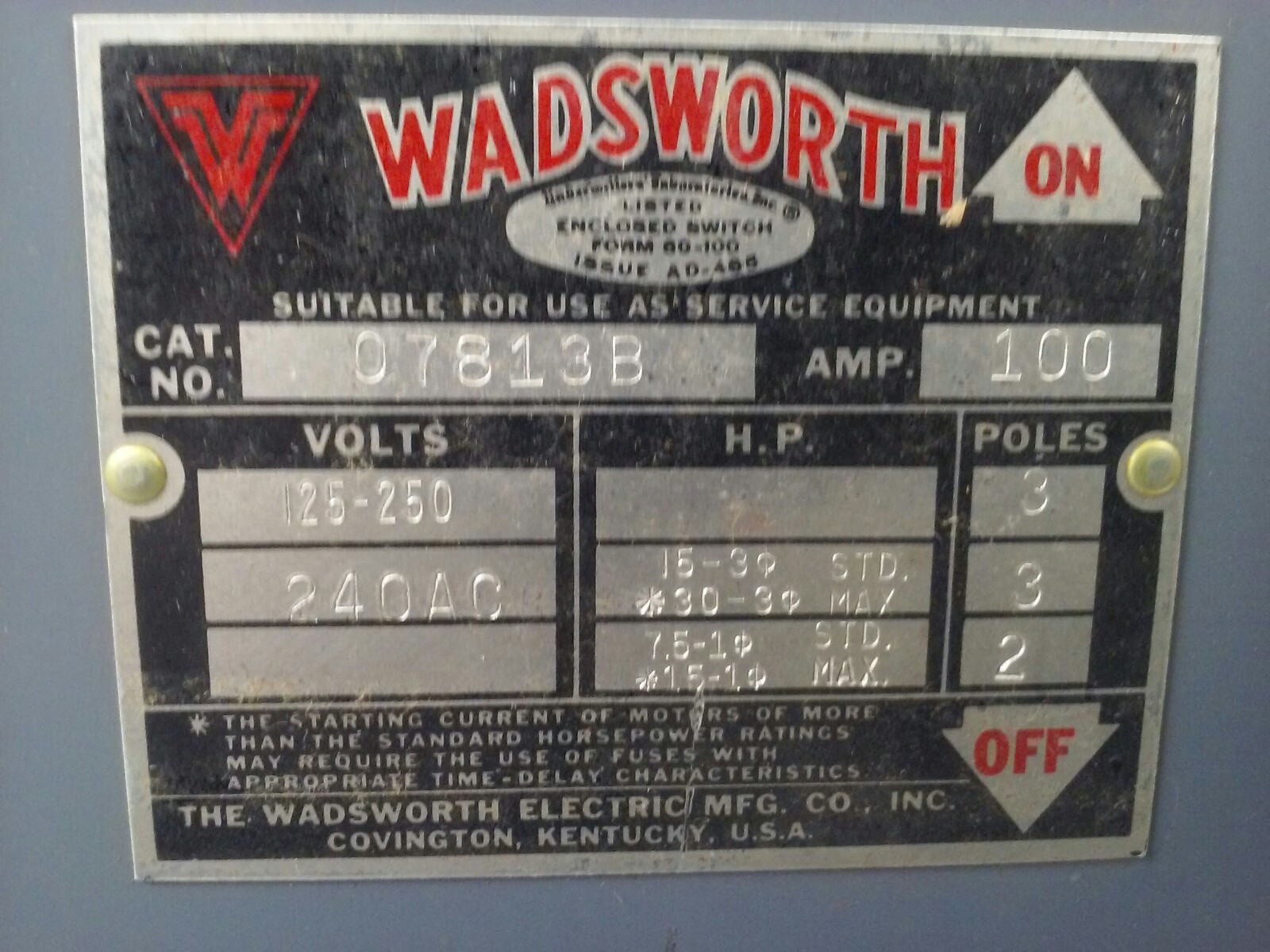 WADSWORTH 07813B FUSIBLE SAFETY SWITCH 3P 125-250V 240VAC 100A 15HP ...