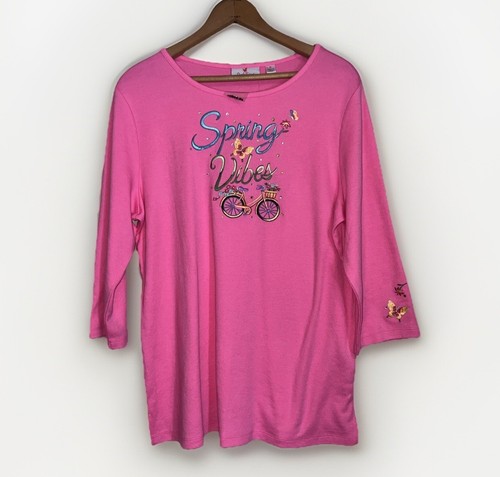 NWT Quacker Factory Spring Vibes Bicycle Shirt Pink Embroidered ...