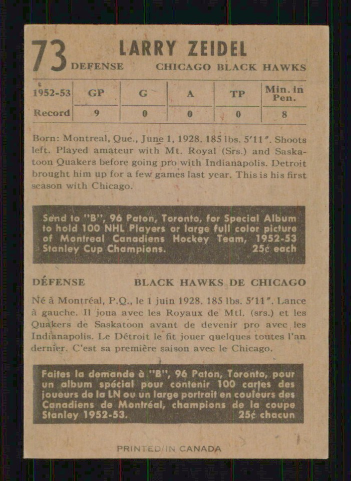 1953-54 PARKHURST # 73 LARRY ZEIDEL 14986 | eBay