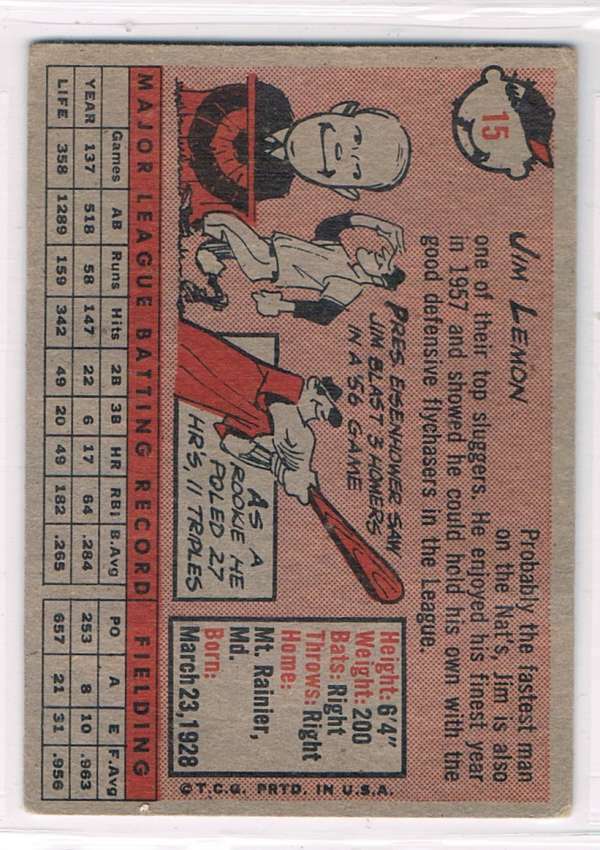 1958 Topps #15 Jim Lemon Washington Senators | eBay