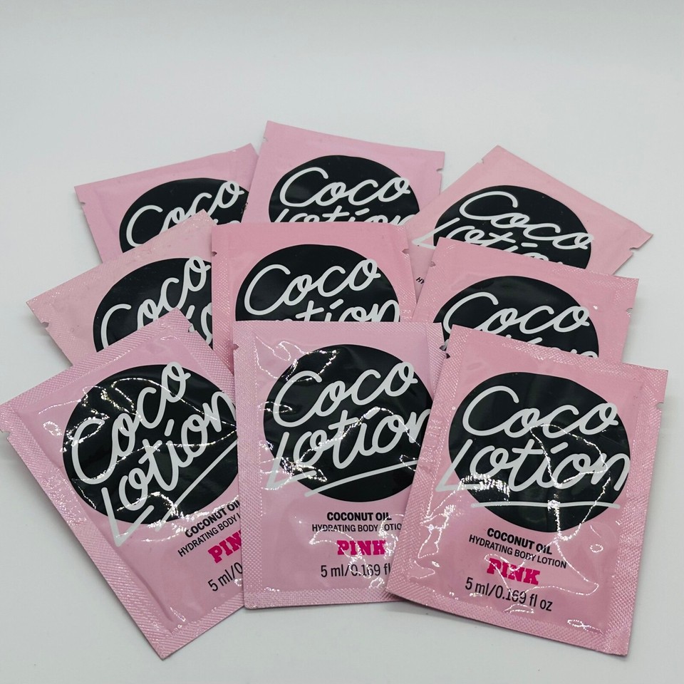 9 Victoria's Secret Pink Coco Lotion Coconut Oil Sample Packets 5 ml/0. ...