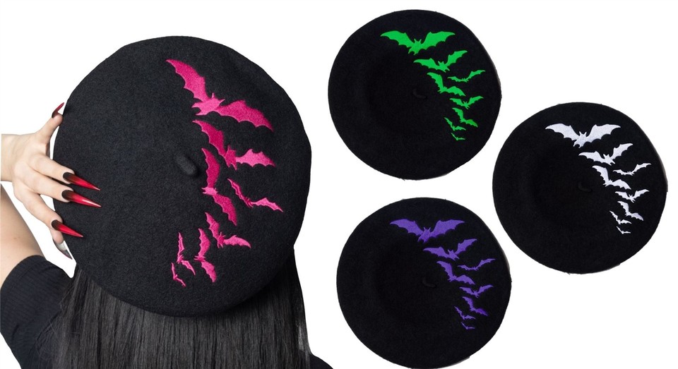 Kreepsville 666 Bat Beret Hat Gothic Repeat Halloween Embroidery Cute ...