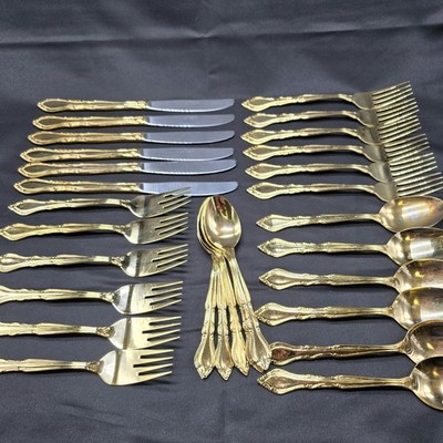 Vintage Rogers 30 Piece Gold Stainless Flatware Service For 6 Fork ...