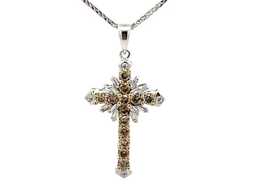 Champagne Diamond Cross Necklace 14k White Gold - Gem