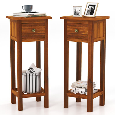 2PCS Solid Wood Side Table w/ Acacia Wood Top Drawer & Open Shelf Small ...