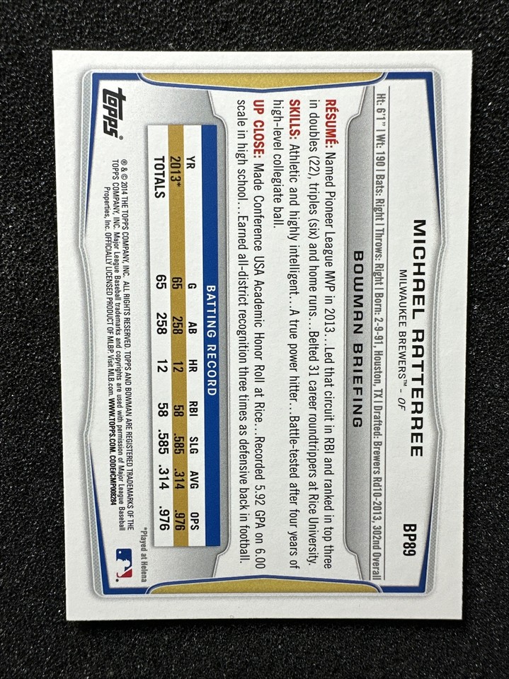 MICHAEL RATTERREE #BP89 2014 Bowman Baseball Prospects State & Hometown ...