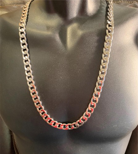 26 INCH MENS 12 MM STAINLESS STEEL SILVER PLATED CUBAN CURB CHAIN- USA ...