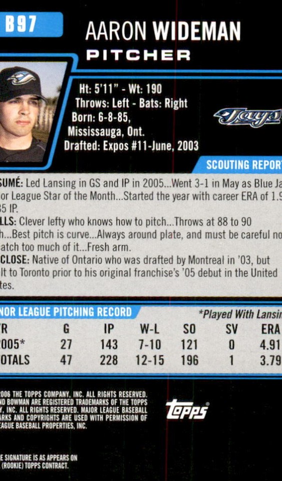 2006 Bowman Prospects #B97 Aaron Wideman Toronto Blue Jays | eBay