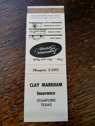 Vintage Matchbook: Clay Markham Insurance, Stamford, TX | eBay