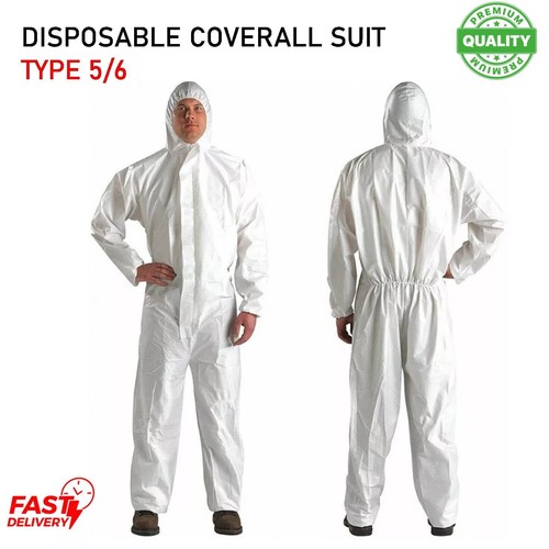 White Disposable Coverall Type 5/6 Hooded Suit Overall Protection ...