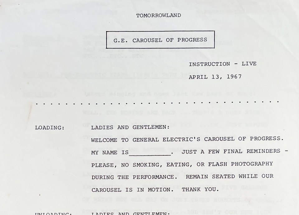 DISNEYLAND 1967 G.E. CAROUSEL OF PROGRESS Prog. City SCRIPT Photocopy ...