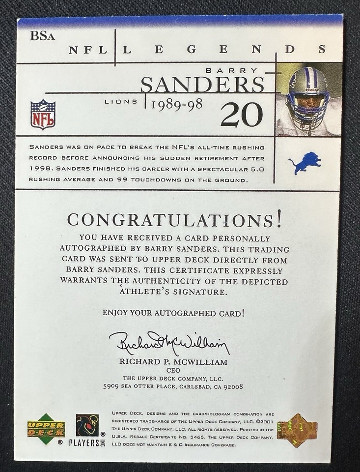 2001 UPPER DECK NFL LEGENDS AUTOGRAPHS BSa BARRY SANDERS LIONS HOF | eBay