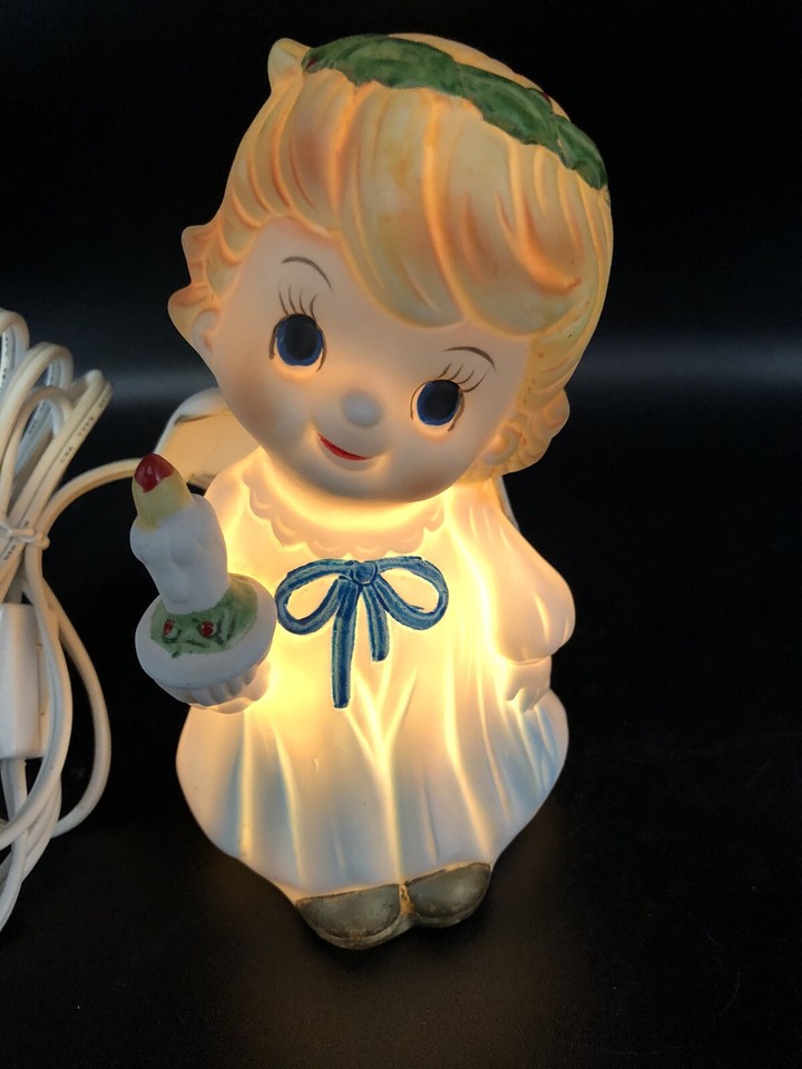 Vintage Christmas 6" Angel Night Light Porcelain Lamp Little Girl Angel ...