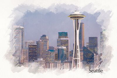 Seattle skyline watercolor canvas, Seattle Canvas, Seattle sketch ...