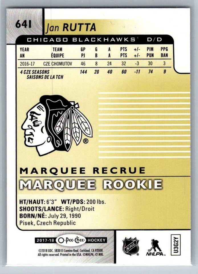 2017-18 O-Pee-Chee #641 Jan Rutta Marquee Rookie Rainbow Foil | eBay