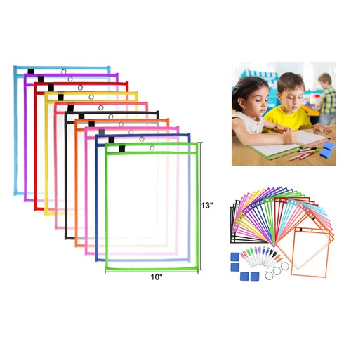 30 Pack Reusable Dry Erase Pockets 10"x13" with Pens & Erasers for ...