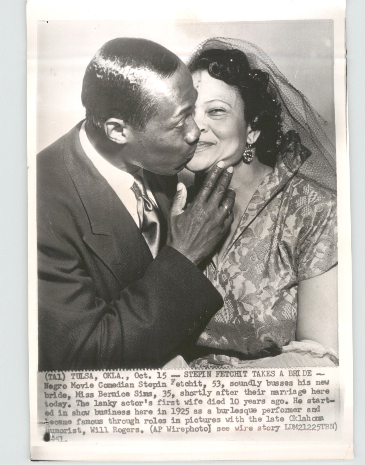 HOLLYWOOD Actor STEPIN FETCHIT Wedding TULSA OK Vintage 1951 Press ...